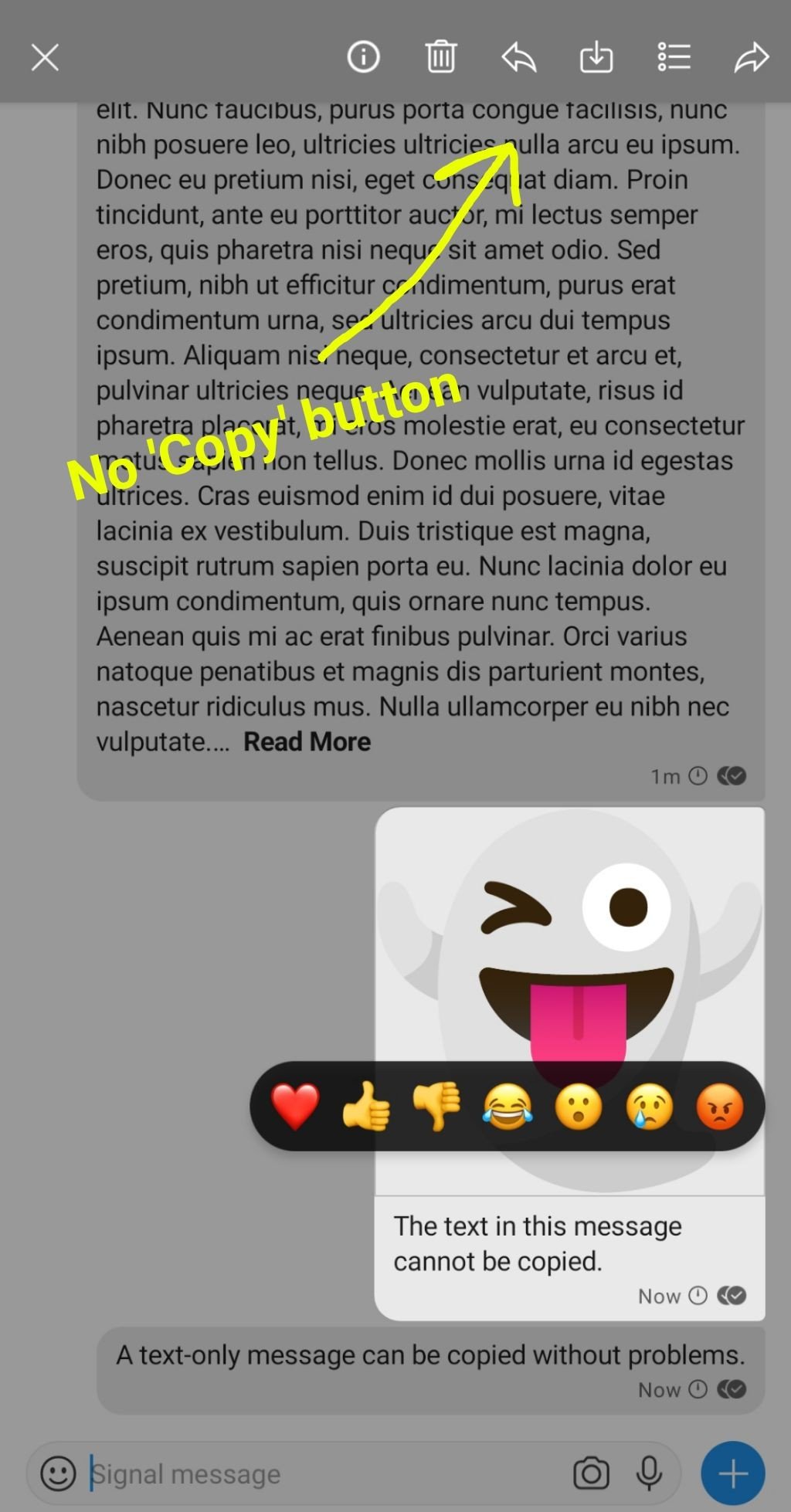 Text from a media message cannot be copied · Issue #9491 · signalapp/Signal-Android · GitHub