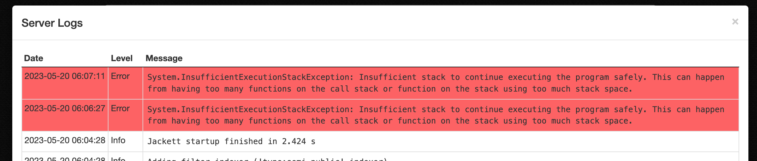 Error System.InsufficientExecutionStackException: Insufficient stack to continue executing the ...