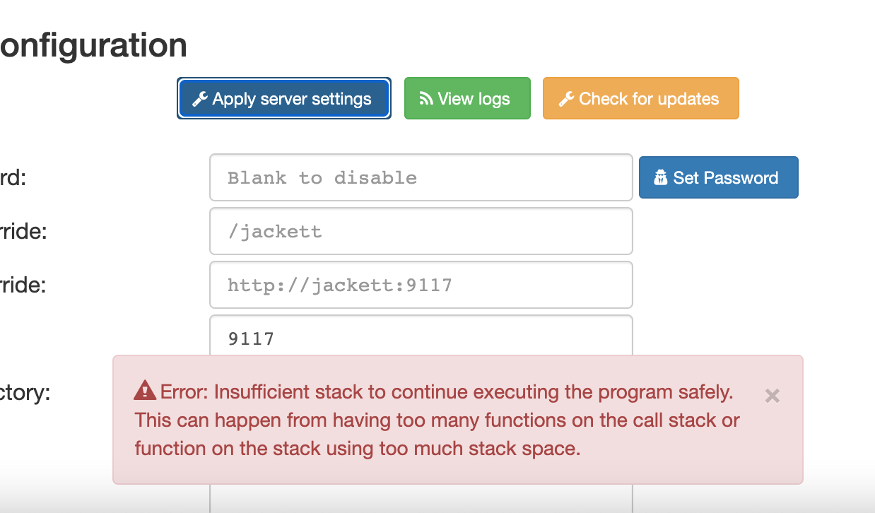 Error System.InsufficientExecutionStackException: Insufficient stack to continue executing the ...