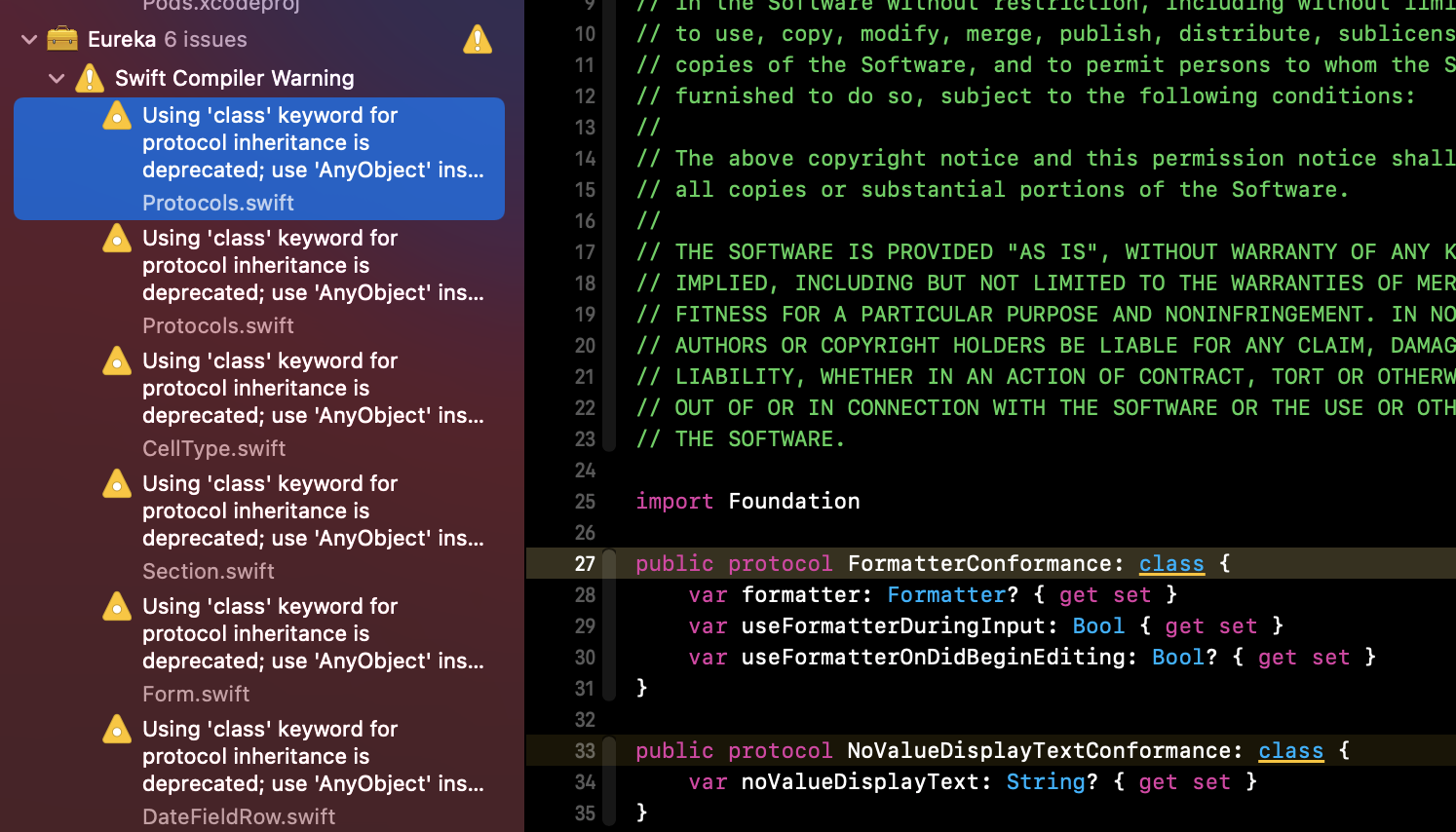 resolve class protocol inheritance warnings by waterskier2007 · Pull Request #2151 · xmartlabs ...