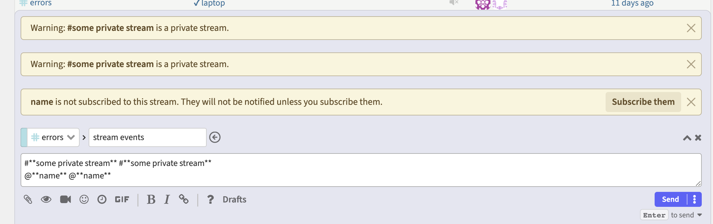 Do Not Display Two Warning Banners For Two Mentions Of The Same Private Stream · Issue 26914