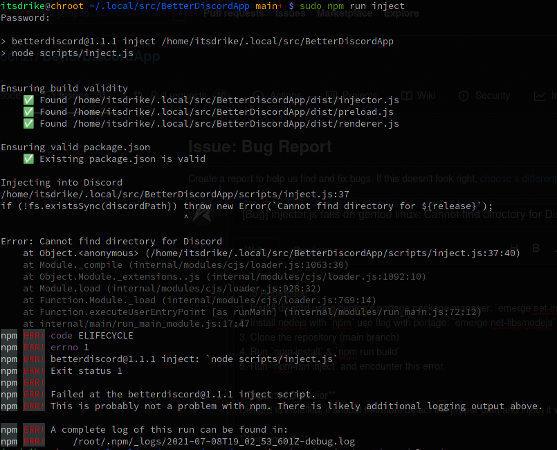 [Bug] injector.js fails on gentoo linux: Cannot find directory for ...