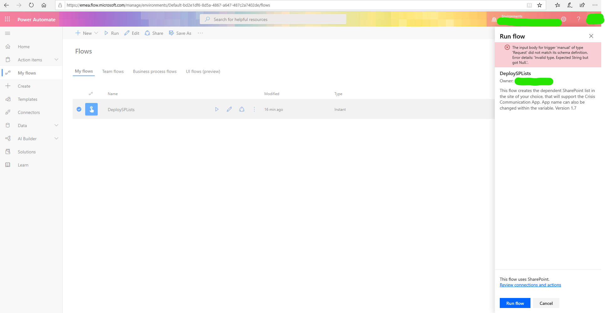 Run Flow fails with null request · Issue #122 · microsoft/powerapps-tools · GitHub