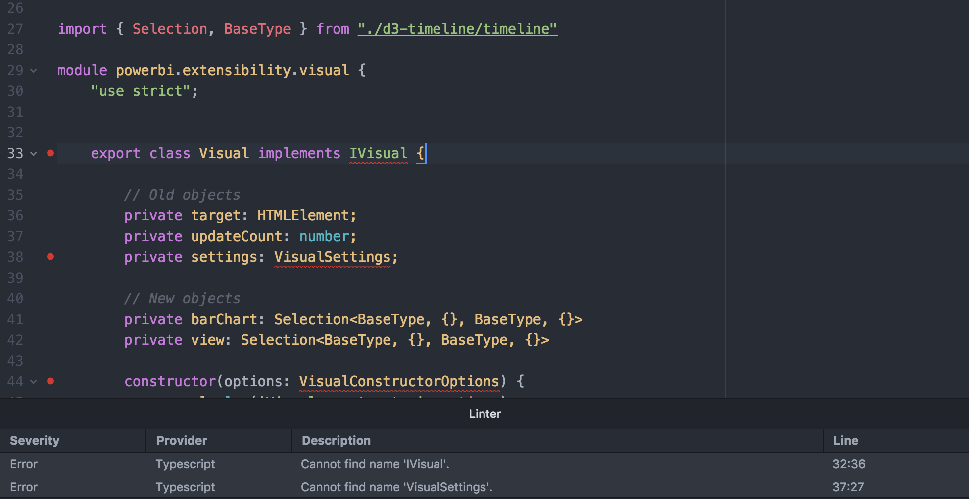 Importing Interfaces or Functions from other typescript file prevents finding IVisual types ...