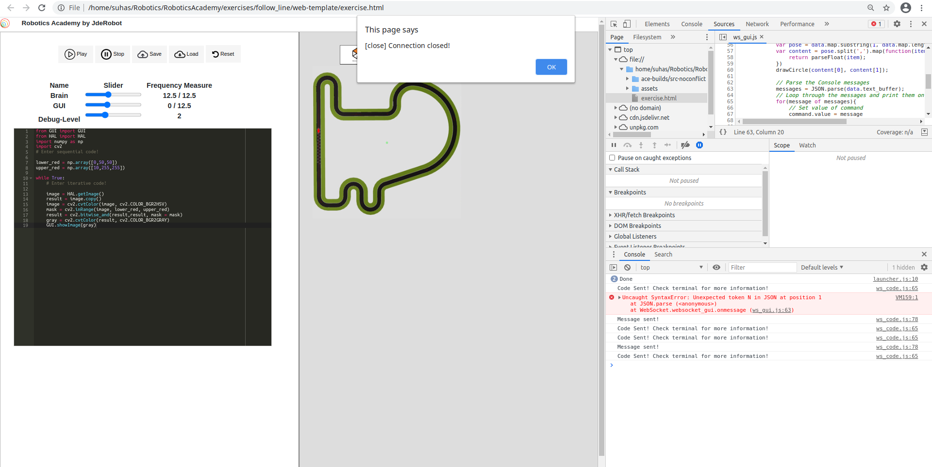 Connection closed after syntax error in exercise Follow Line · Issue #741 · JdeRobot ...
