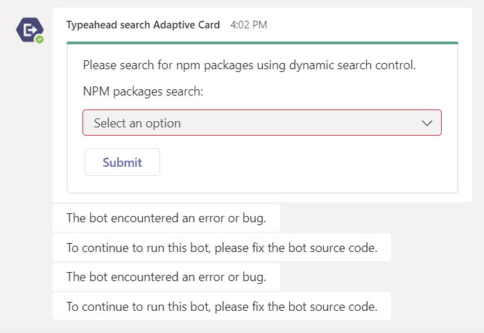 bot-type-ahead-search-adaptive-cards/csharp - bot throws the 501 error · Issue #256 · OfficeDev ...