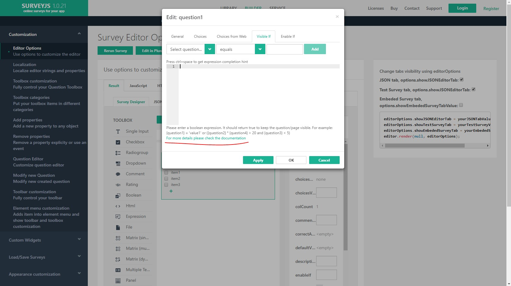 Change "For more details please check the documentation" for customURL · Issue #342 · surveyjs ...