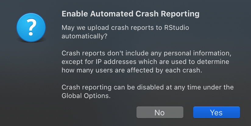 "Enable Automated Crash Reporting" prompt repeats when restarting R session. · Issue #7134 ...