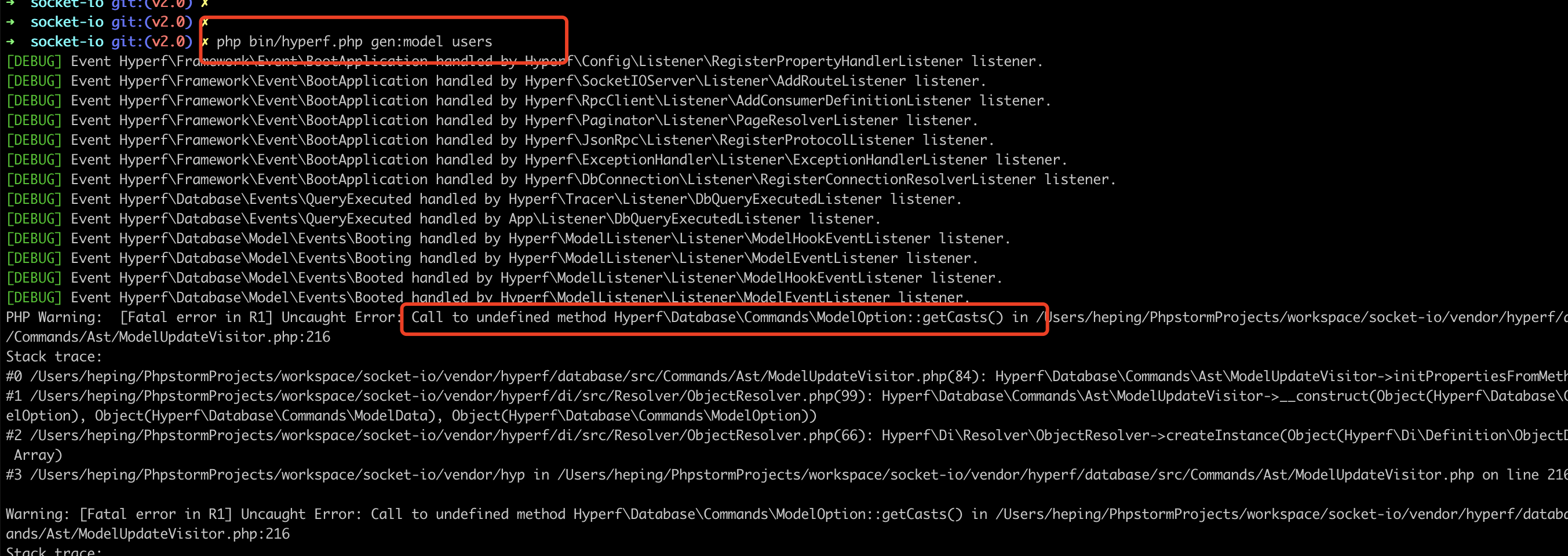 [QUESTION] Call to undefined method Hyperf\Database\Commands\ModelOption::getCasts() · Issue ...