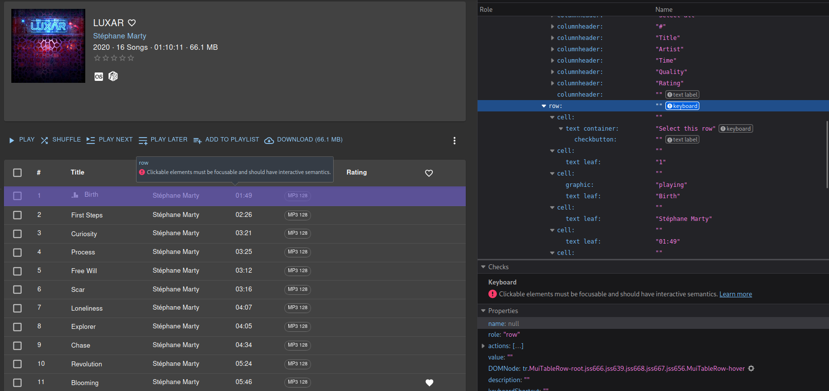 [Bug]: Accessibility, a row in table should be focusable · Issue #2276 · navidrome/navidrome ...