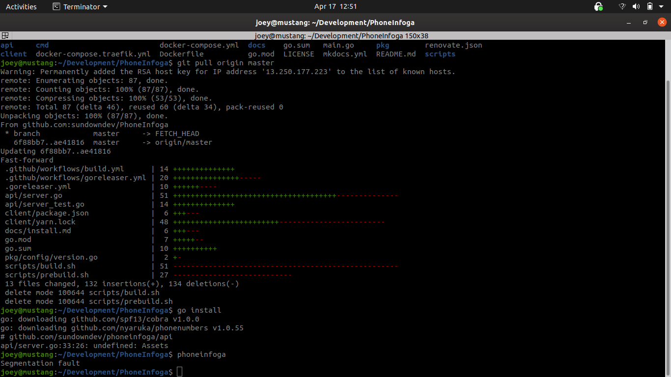 Segmentation Fault while running on ubuntu 19.10 · Issue #298 · sundowndev/phoneinfoga · GitHub