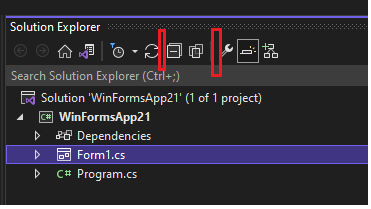 "View Code" and "Refresh" buttons are missing on Solution Explorer toolbar for WinForms apps ...