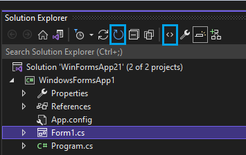 "View Code" and "Refresh" buttons are missing on Solution Explorer toolbar for WinForms apps ...