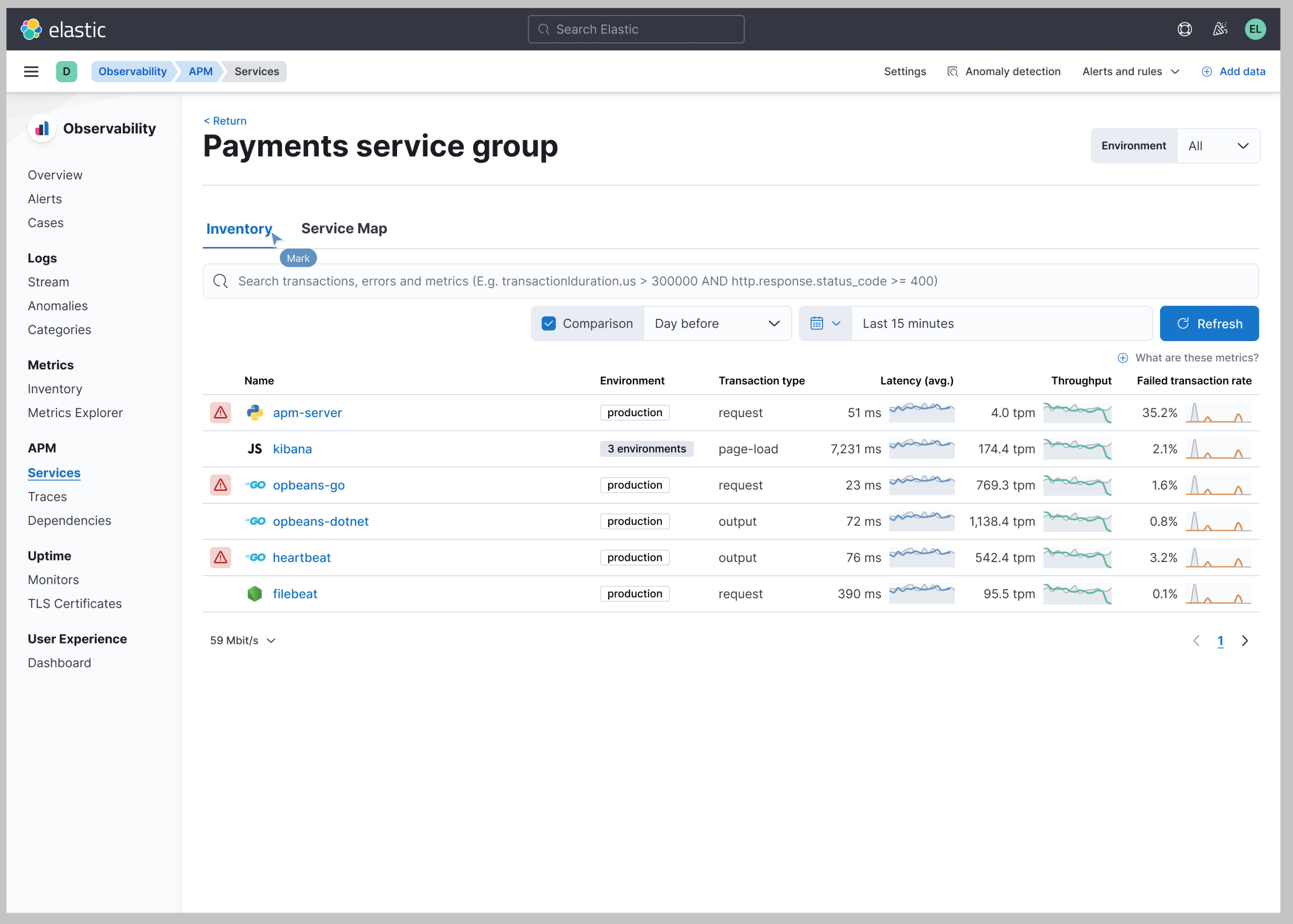 [APM] Show alert indicator on service inventory page · Issue #146701 · elastic/kibana · GitHub