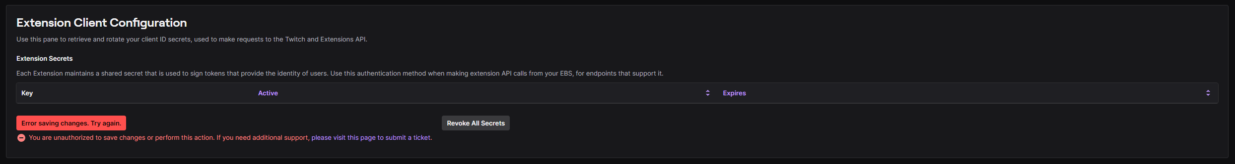 Cannot Rotate/obtain new Extension Secrets · Issue #670 · twitchdev/issues · GitHub