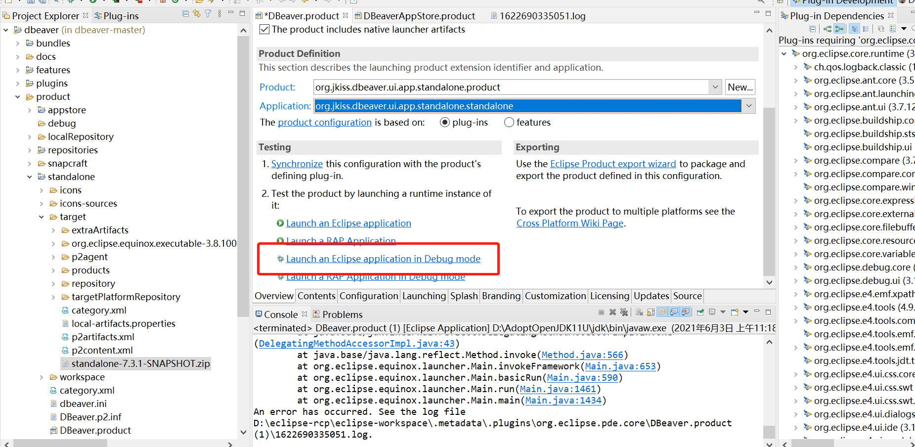 the env now i used is AdoptOpenJDK11U+eclipse-rcp-2021-03-R-win32-x86 ...