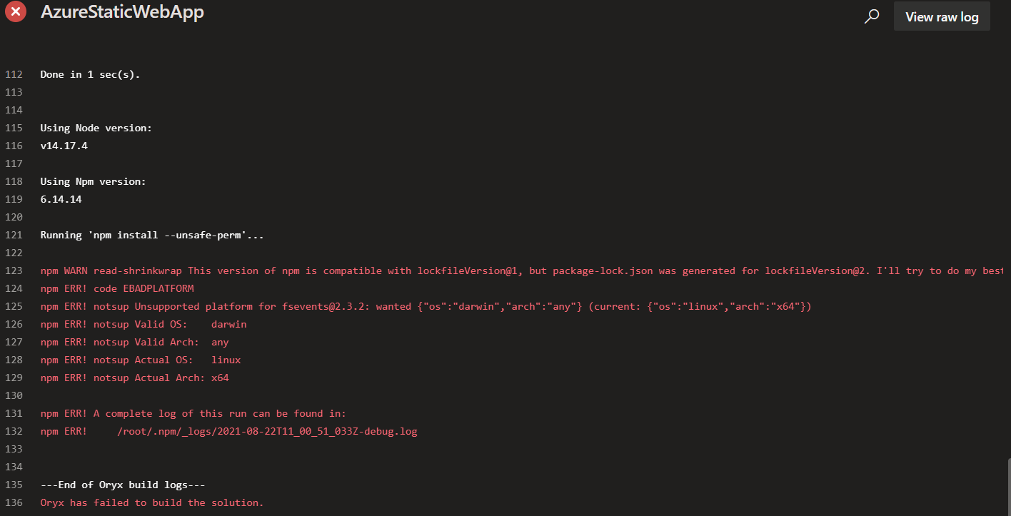 Azure Devops Pipeline issue: Unsupported platform for fsevents@2.3.2: wanted {"os":"darwin ...