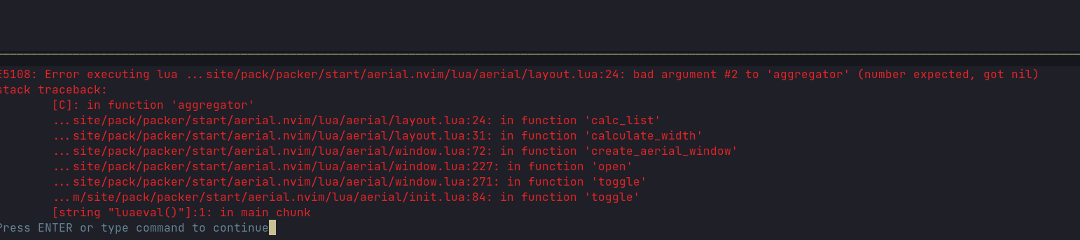 Aerial float produces error: bad argument #2 to 'aggregator' · Issue #133 · stevearc/aerial.nvim ...