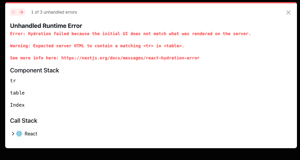 Expected server HTML to contain a matching in / Hydration failed because the initial UI does not ...