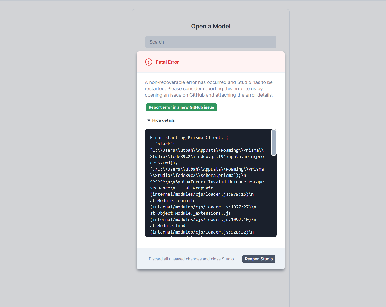 Unable to start Prisma Client error when I run prisma studio · Issue #644 · prisma/studio · GitHub