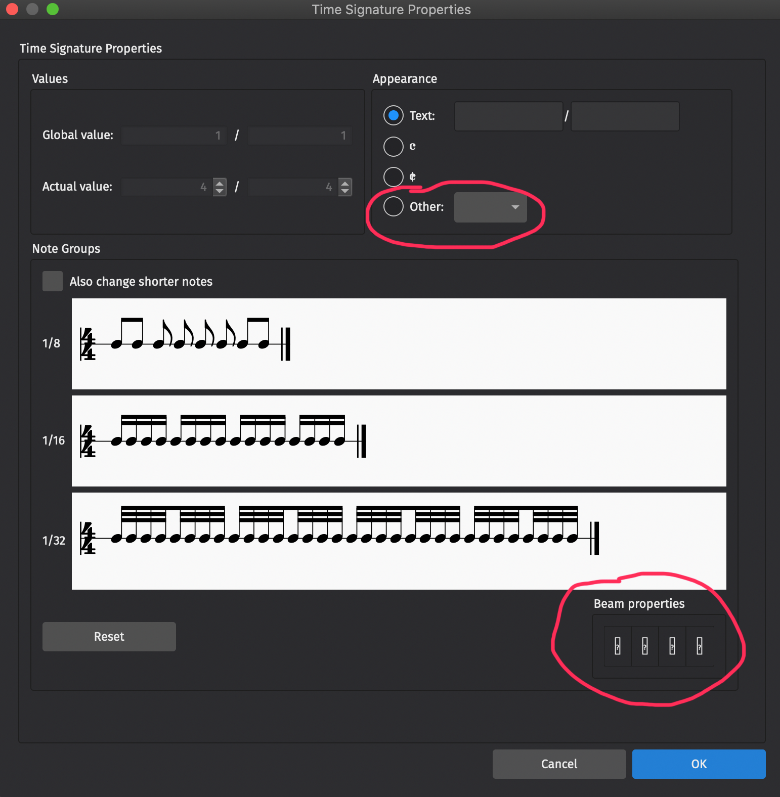 Time Signature Properties popup: Icons not displaying and one dropdown not functioning · Issue ...