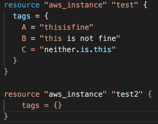 `tags = {` breaks syntax highlighting · Issue #466 · hashicorp/vscode-terraform · GitHub