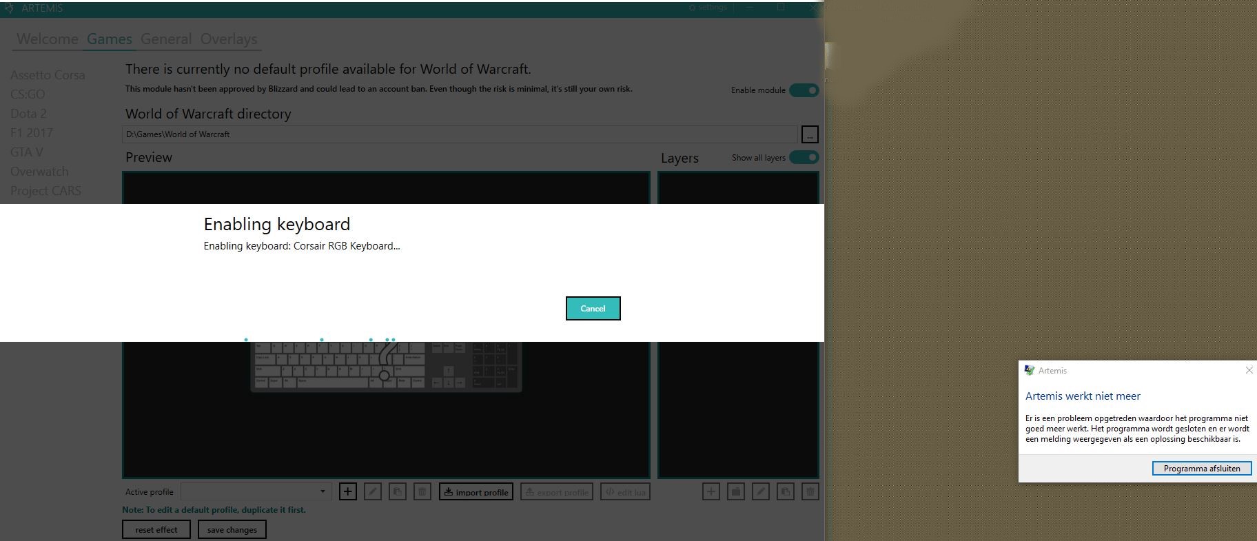Setup Keyboard when select WoW and a error when closing the program. · Issue #412 · Artemis-RGB ...