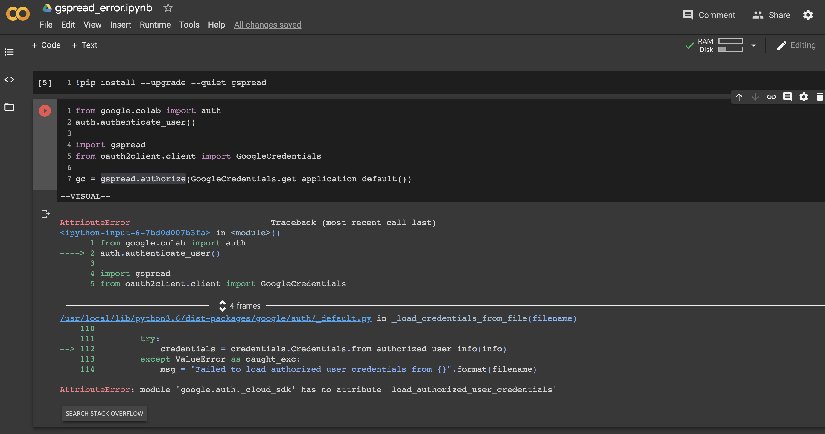 gspread.authorize() fails · Issue #1224 · googlecolab/colabtools · GitHub
