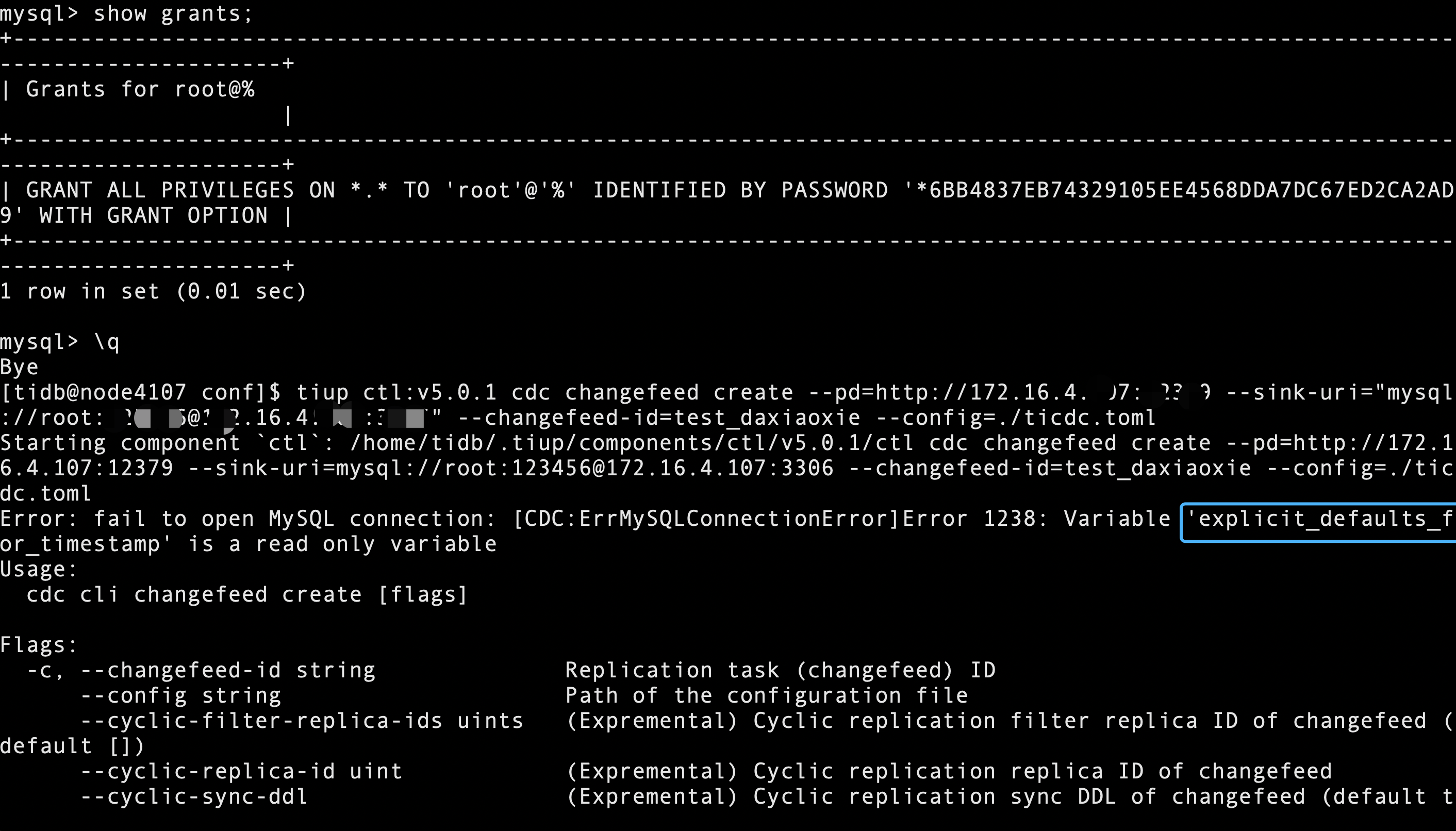 v5.0.1 - ticdc - fail to open MySQL connection: [CDC:ErrMySQLConnectionError]Error 1238 ...