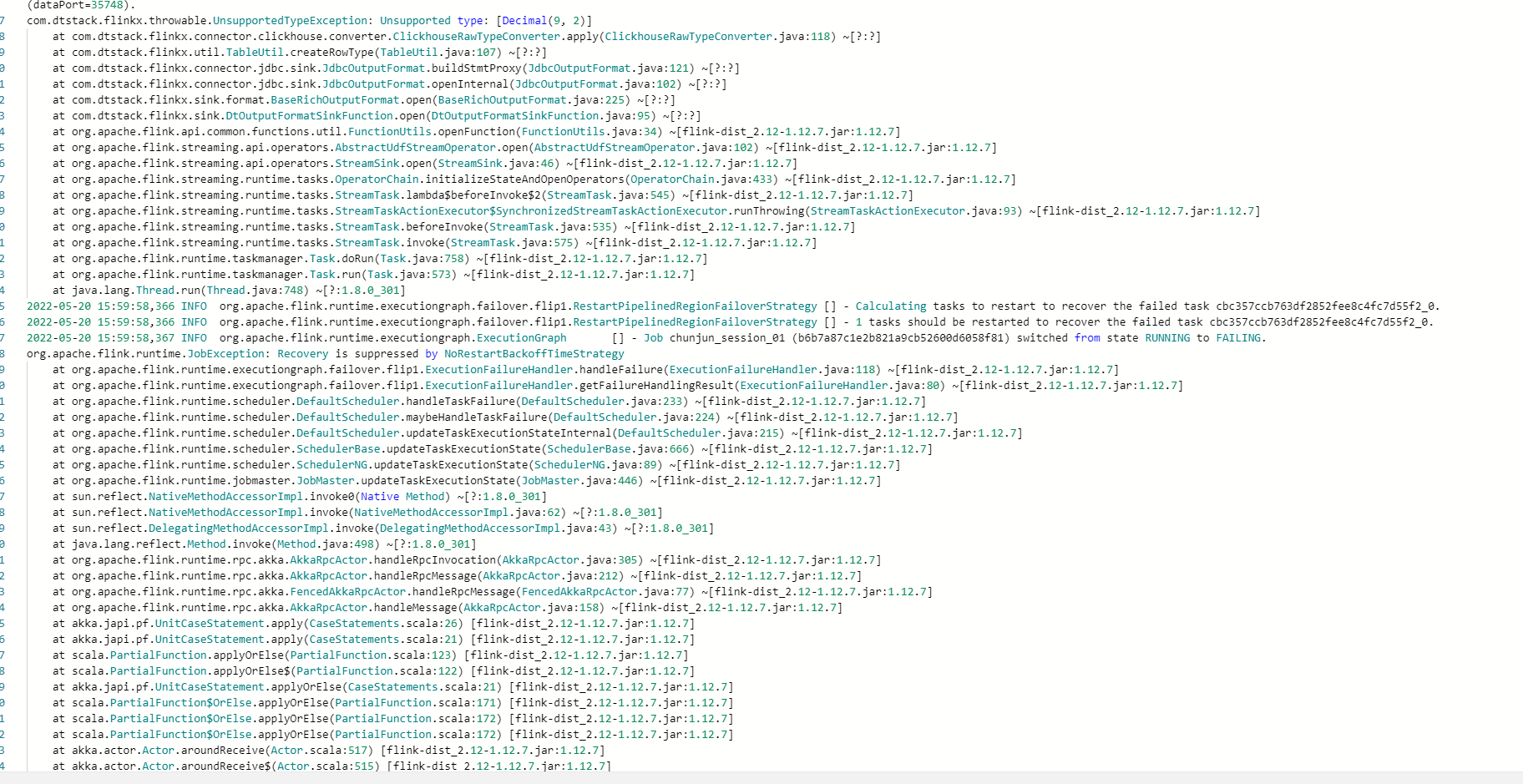 clickhouse com.dtstack.flinkx.throwable.UnsupportedTypeException: Unsupported type: [Decimal(9 ...