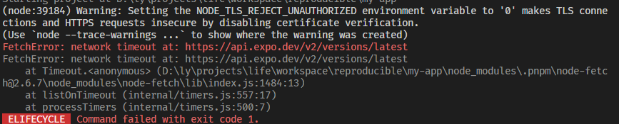 Network timeout error occured even if executing "expo start --offline ...