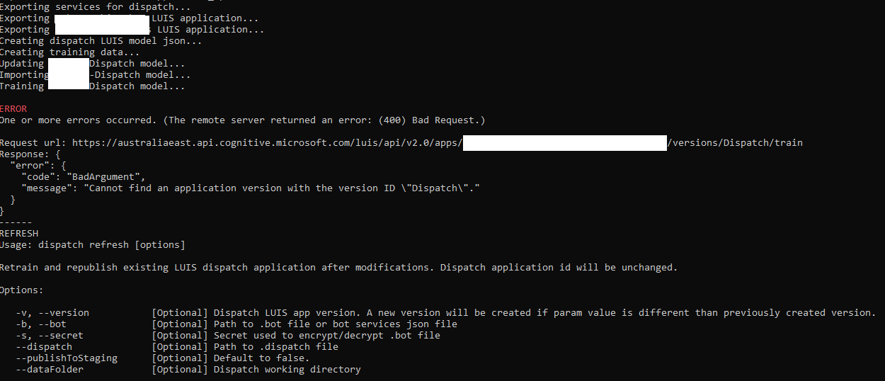 BotDispatch refresh tries to use version "Dispatch" instead of version specified in CLA using -v ...