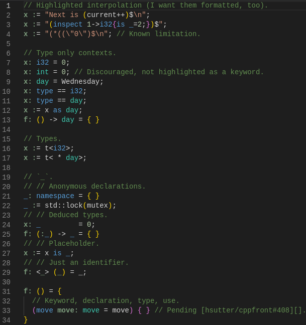 [RFC] How to highlight Cpp2 · Issue #459 · hsutter/cppfront · GitHub