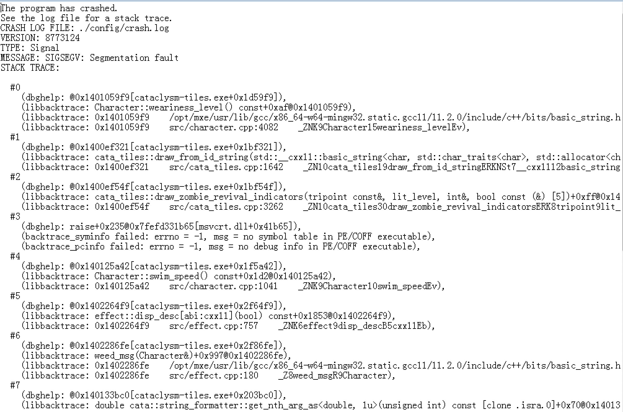 Stack trace on Windows (MinGW) is incorrect · Issue #52503 · CleverRaven/Cataclysm-DDA · GitHub