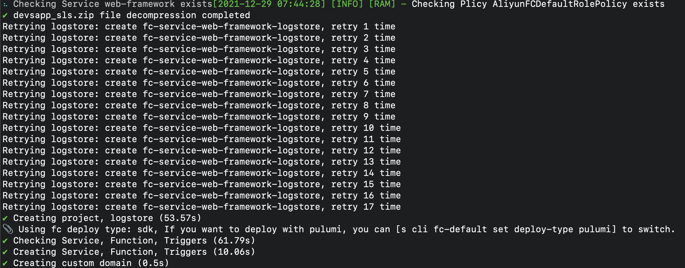 重试是不是可以告诉用户在重试就行了？而不用每次都打印？ · Issue #553 · devsapp/fc · GitHub