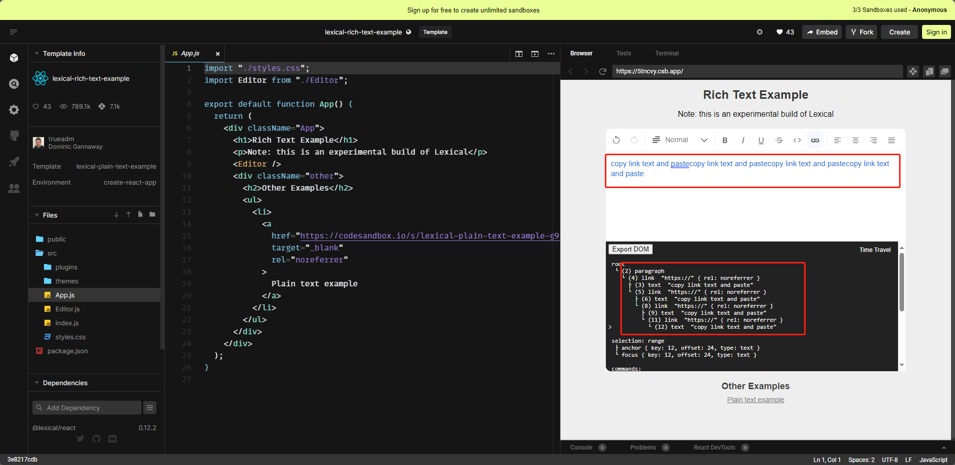 copy a link text from the rich text and paste it · facebook lexical ...