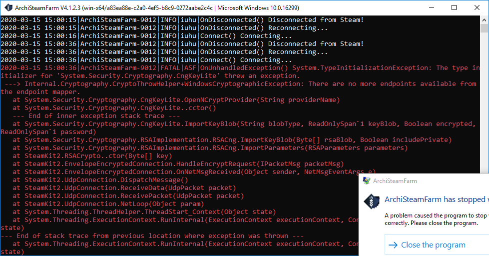 Crashing after launch · Issue #1674 · JustArchiNET/ArchiSteamFarm · GitHub