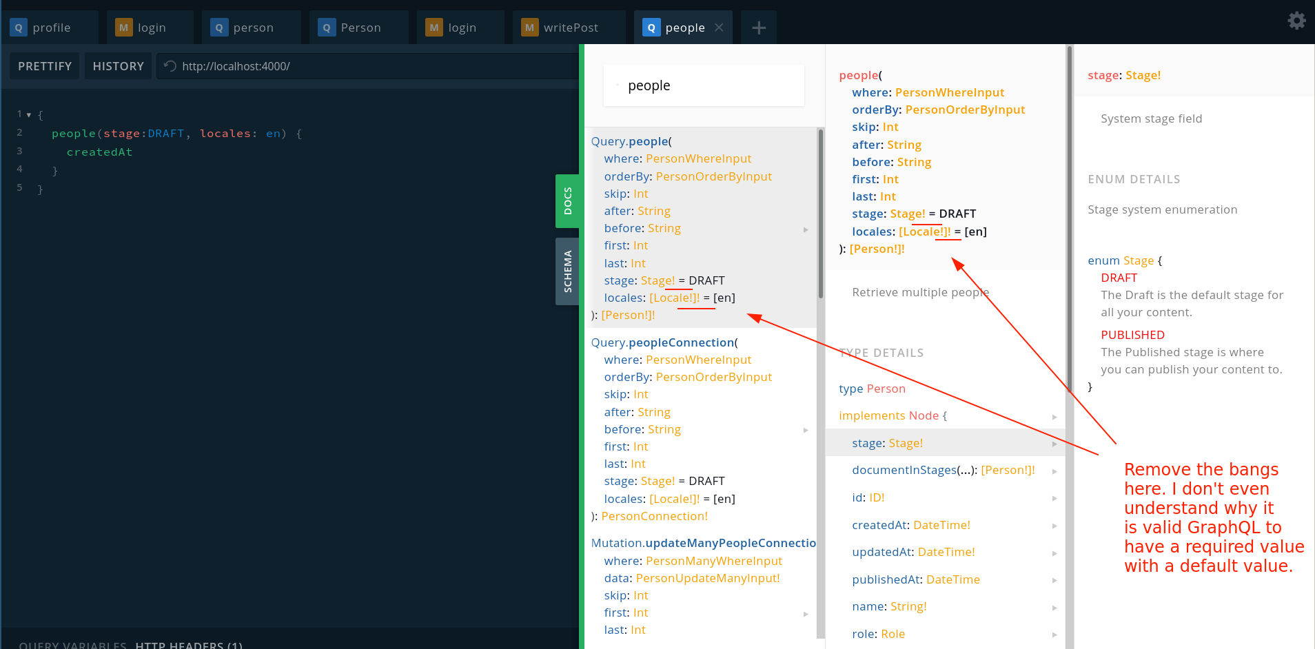 GraphQL playground: Warning " is required but not provided" although it has a default value ...