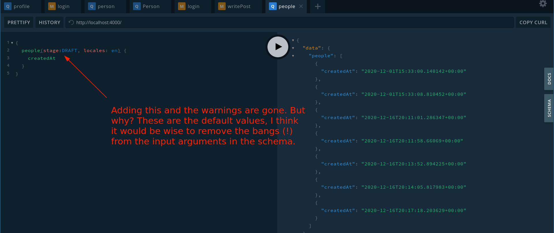 GraphQL playground: Warning " is required but not provided" although it has a default value ...