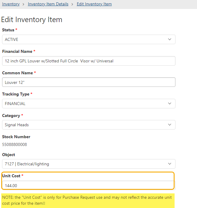 Update Inventory Item details page to allow for editing Unit Cost in Finance and Purchasing ...