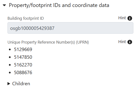 "Building footprint ID" and "UPRN" need source type and source link ...