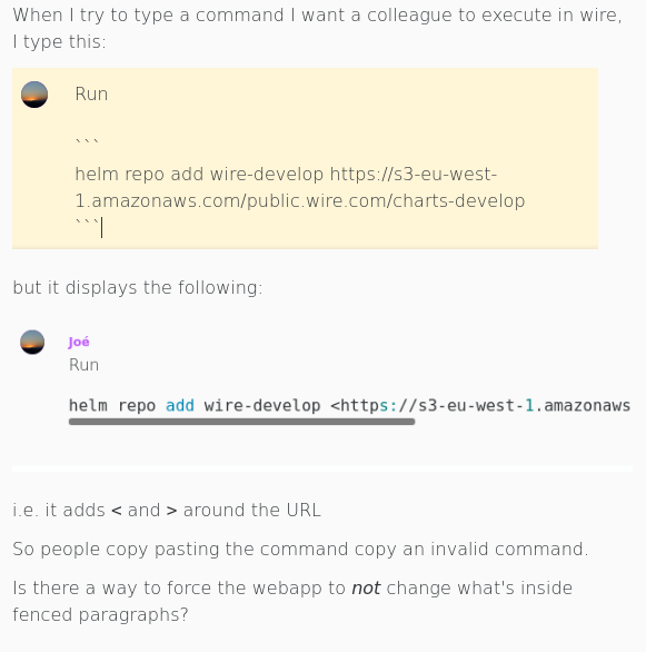 Bug: code block containing URL altered · Issue #7334 · wireapp/wire ...