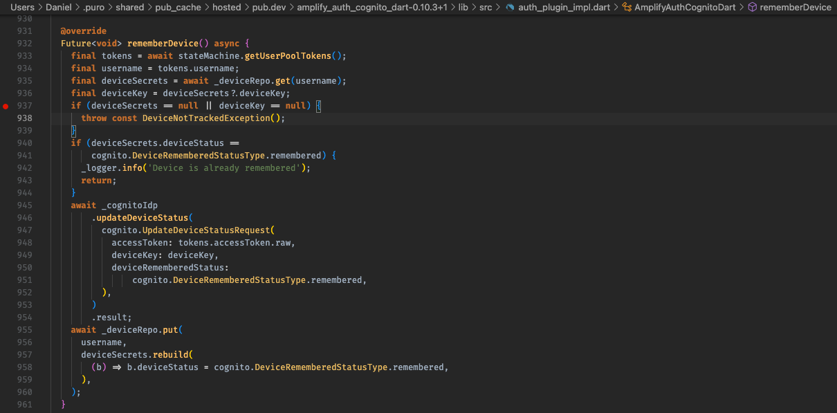 Auth.rememberDevice - DeviceNotTrackedException · Issue #3949 · aws-amplify/amplify-flutter · GitHub