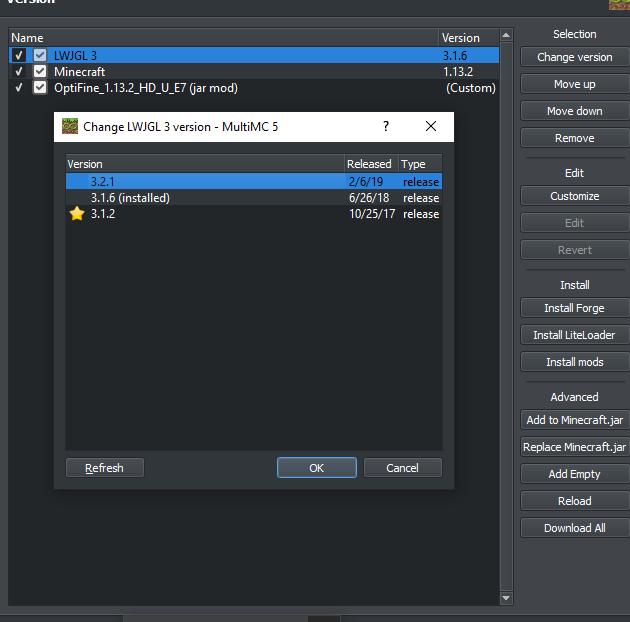 Trying to change LWJGL to 3.2.1 or 3.1.2 on 1.13.2 results in it ...