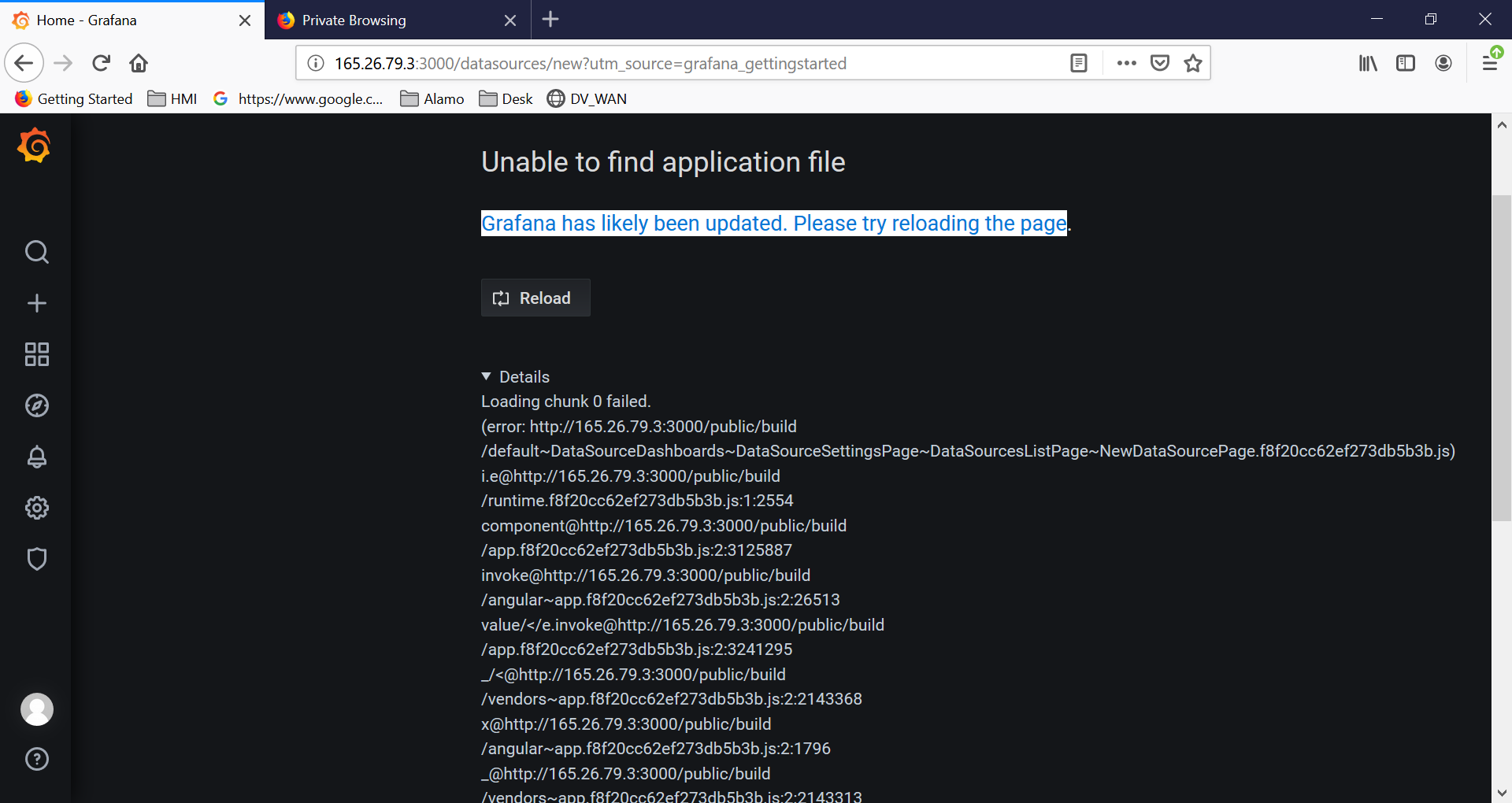 (DataSource Page) Unable to find application file. Grafana has likely ...