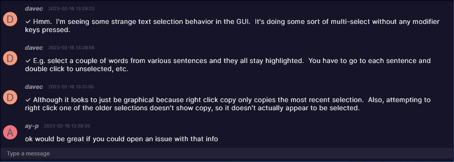bruig: Text selection bug · Issue #135 · companyzero/bisonrelay · GitHub