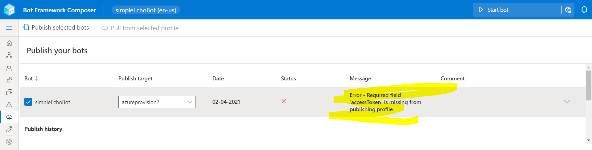 Unable to deploy to azure - Get error "Required field 'accessToken is missing from publishing ...
