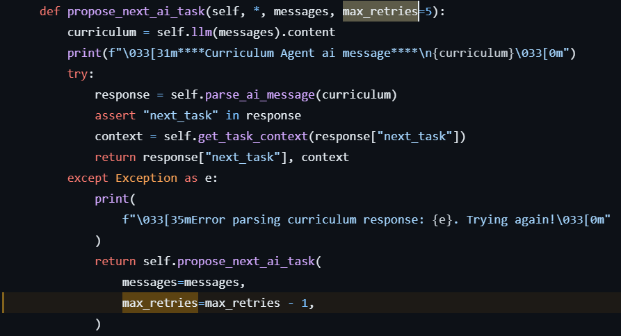 The variable `max_retries` doesn't seem to work. · Issue #92 · MineDojo/Voyager · GitHub