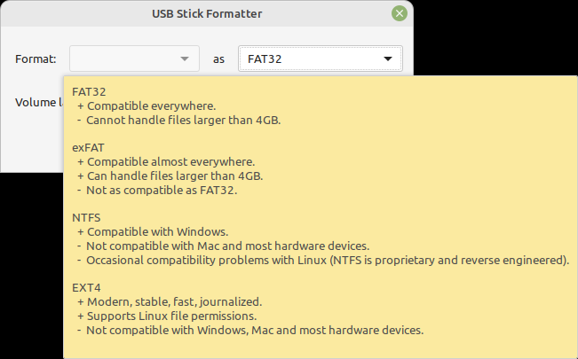 [Feature request] Make info about each file system supported by the formatter more discoverable ...