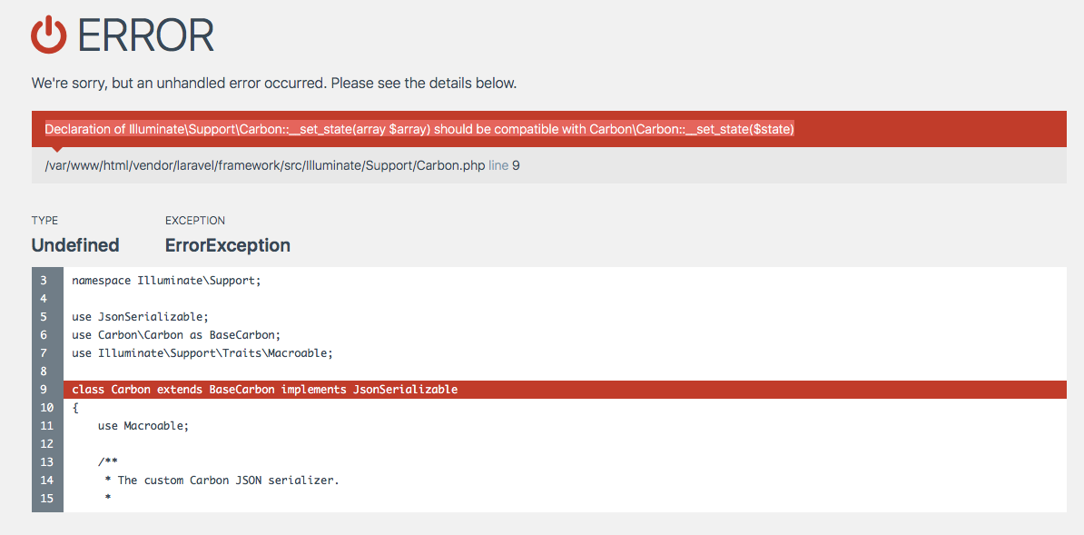 Declaration of Illuminate\Support\Carbon::__set_state(array $array) should be compatible with ...